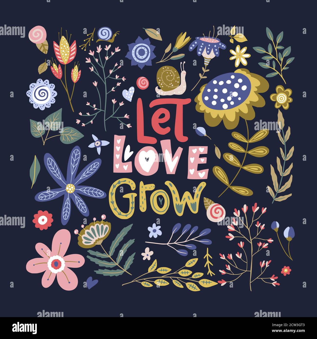 Floral color vector lettering card in a flat style. Ornate flower ...