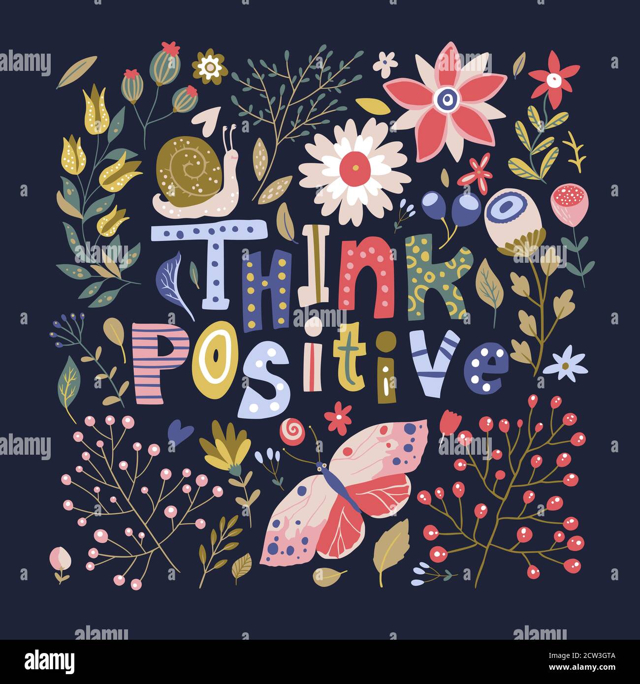 Floral color vector lettering card in a flat style. Ornate flower ...