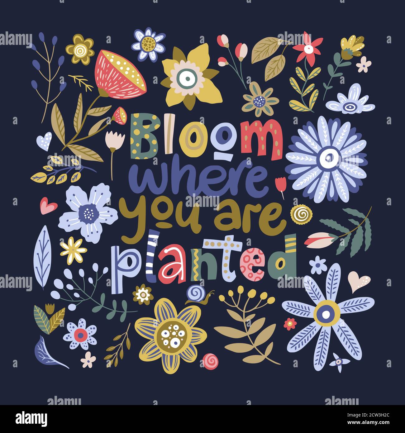 Floral color vector lettering card in a flat style. Ornate flower ...