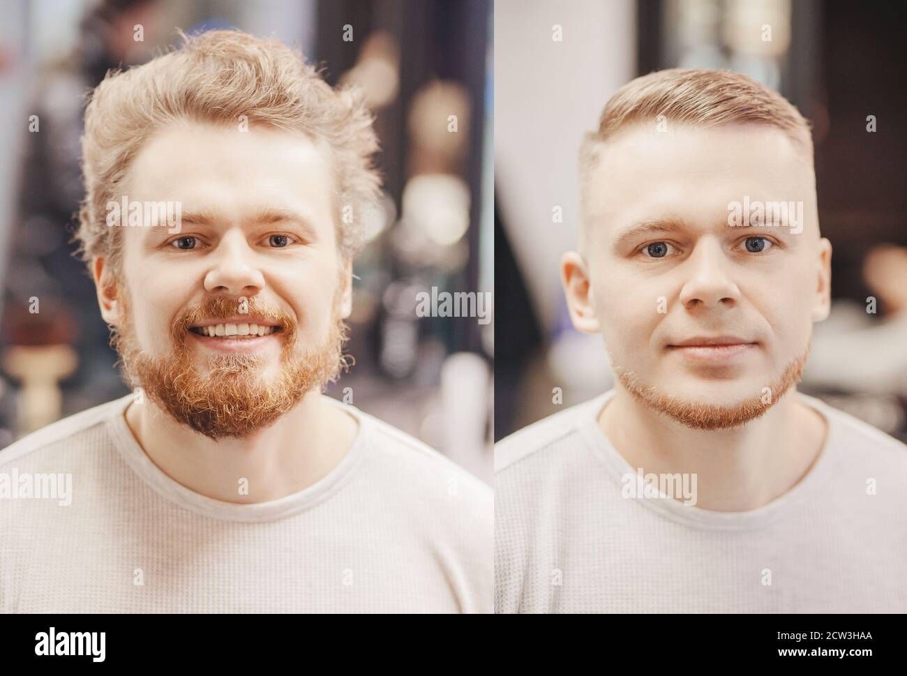 Before and after Man in barber chair, hairdresser styling in barbershop ...