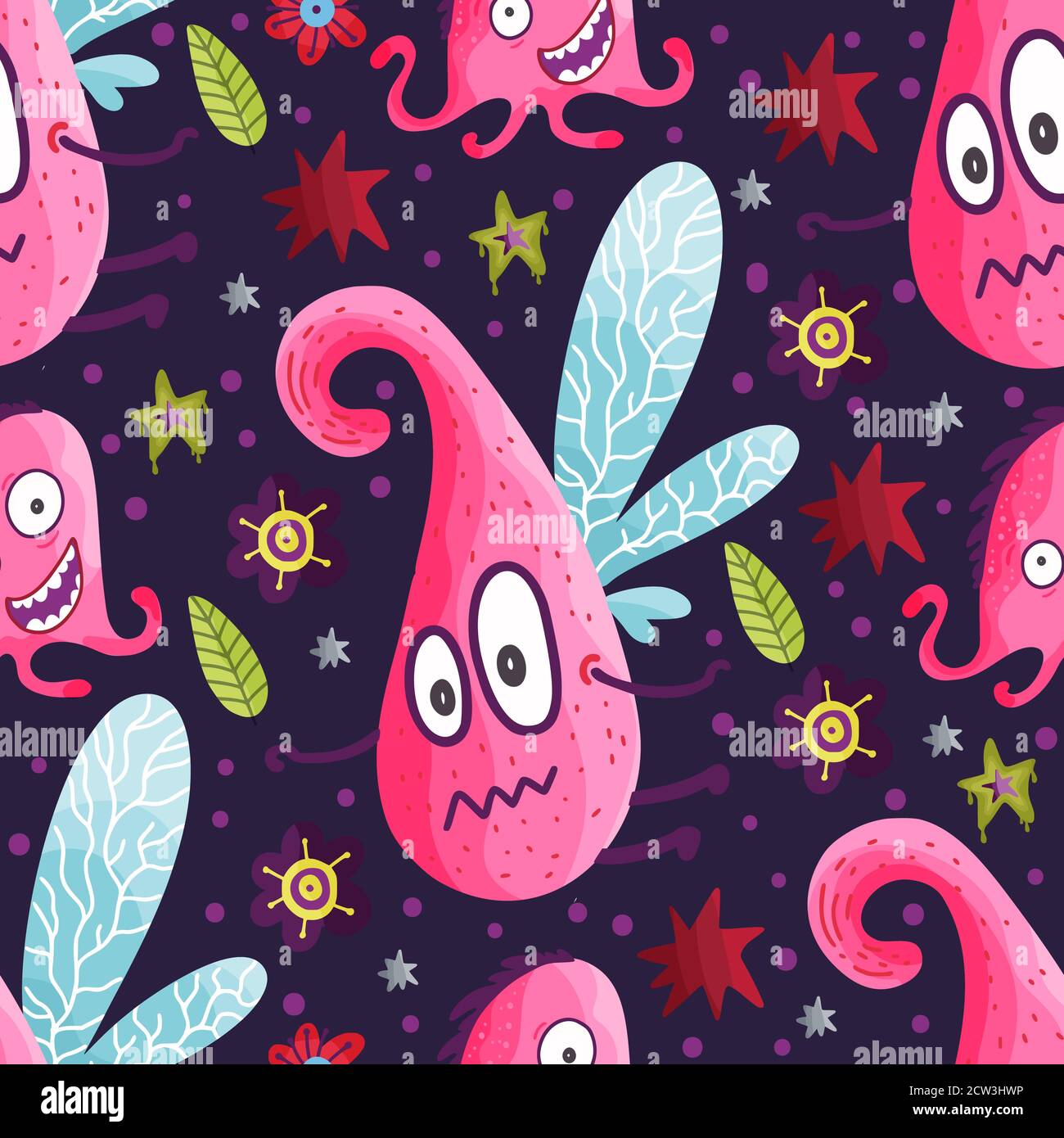 Cute cartoon flying monster vector seamless pattern in a flat style ...
