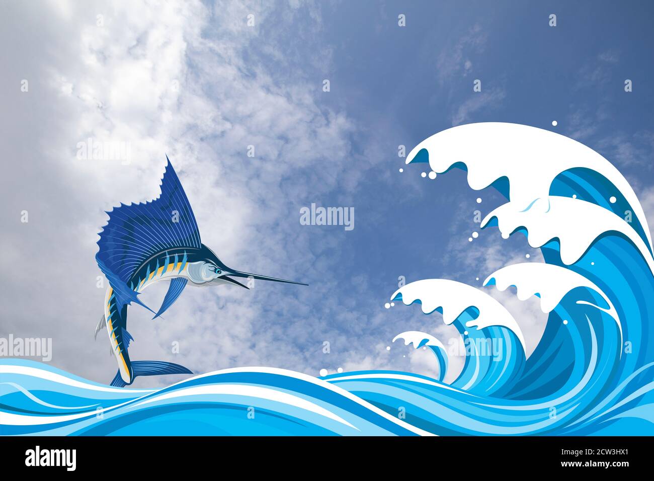 Blue marlin fish leaping out of the water over high ocean waves set ...