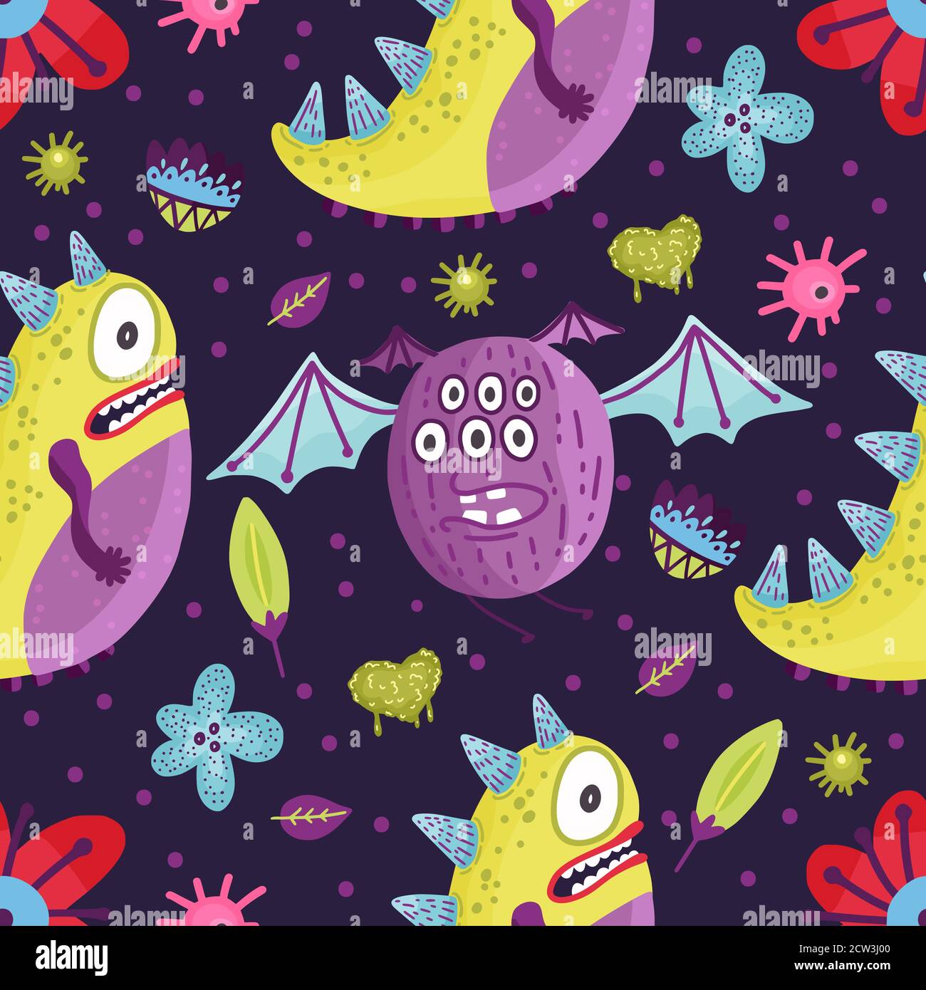 Cute cartoon flying monster vector seamless pattern in a flat style ...