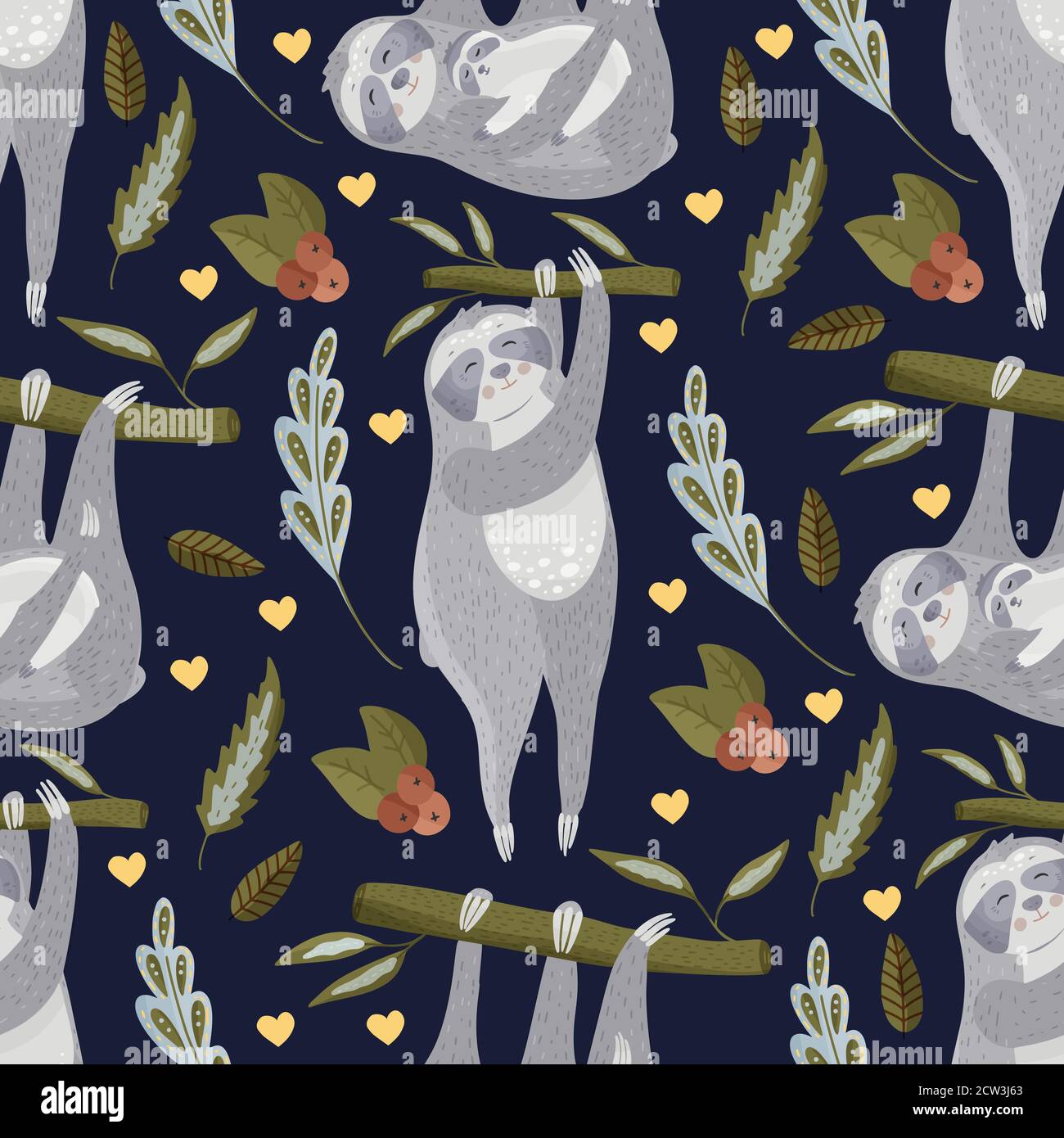 Cute sloth cartoon vector seamless pattern in a flat style. Slow lazy ...