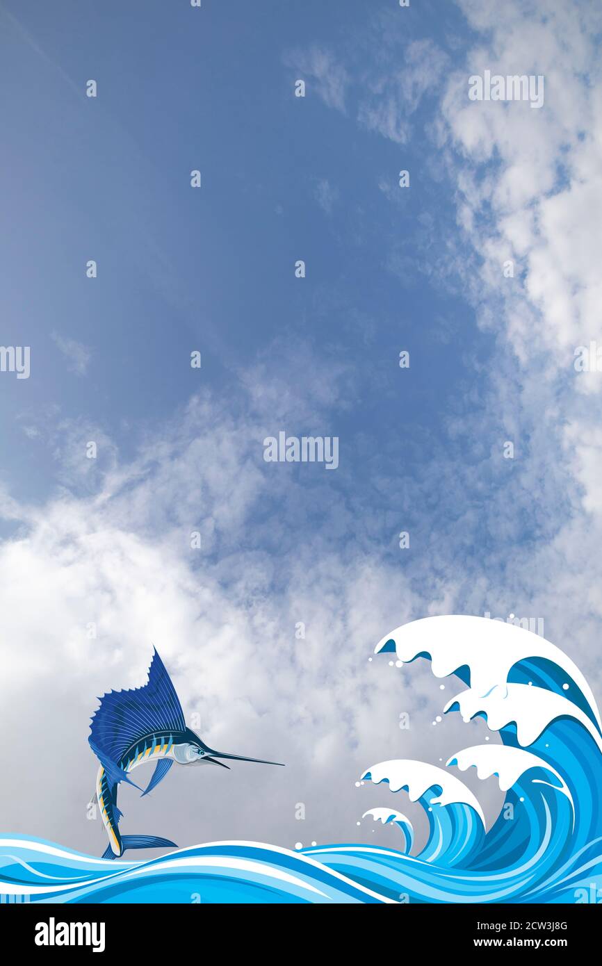 Blue marlin fish leaping out of the water over high ocean waves set ...