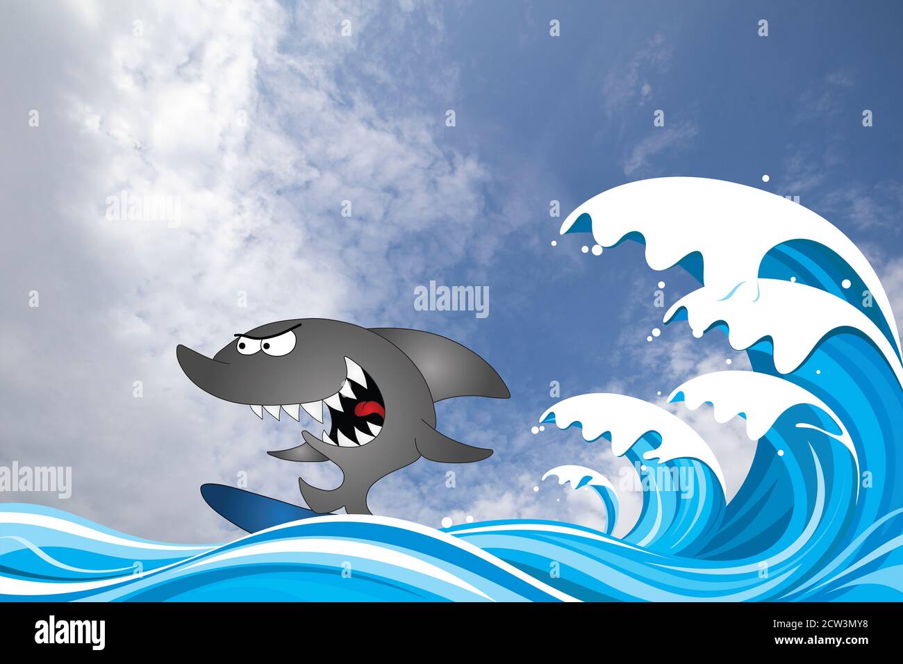 Comical shark surfer riding the waves set against a cloudy blue sky ...