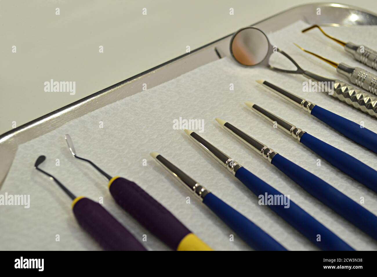 Closeup of dental instruments on a metallic tray on the table Stock ...