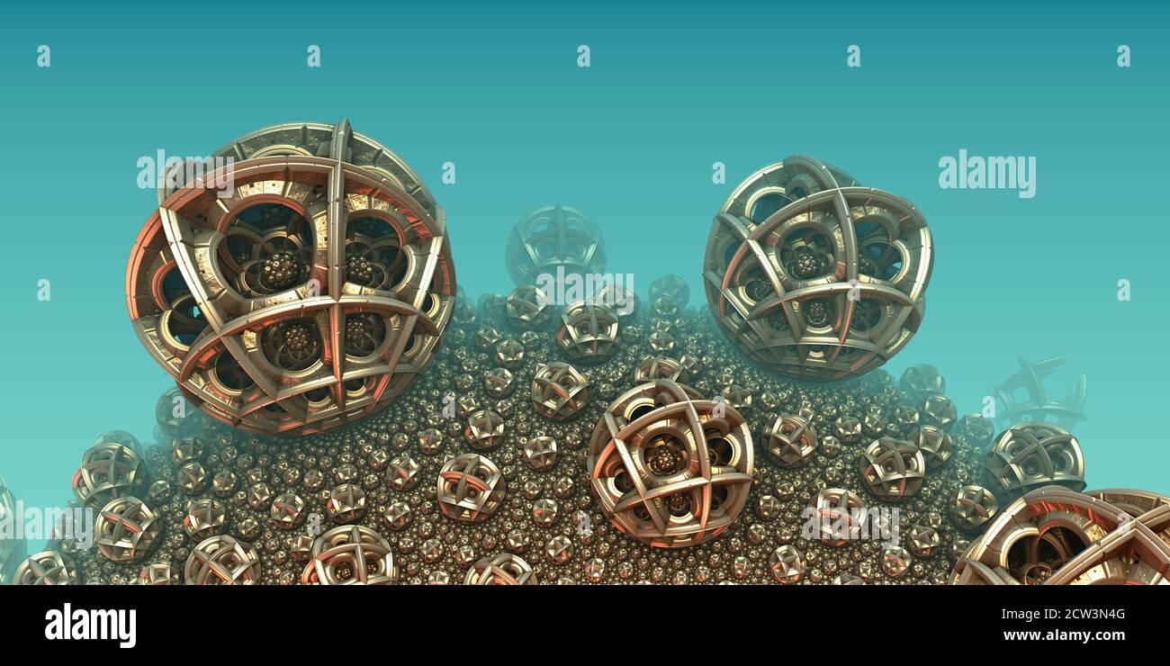 Abstract background 3D, fantastic gold spheres, interesting underwater ...