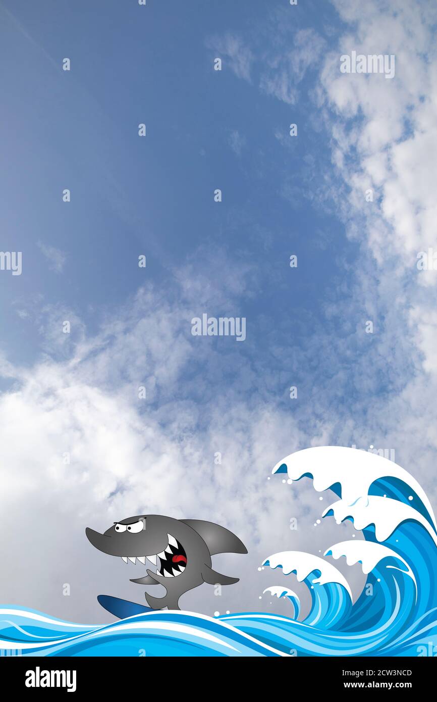 Comical shark surfer riding the waves set against a cloudy blue sky ...