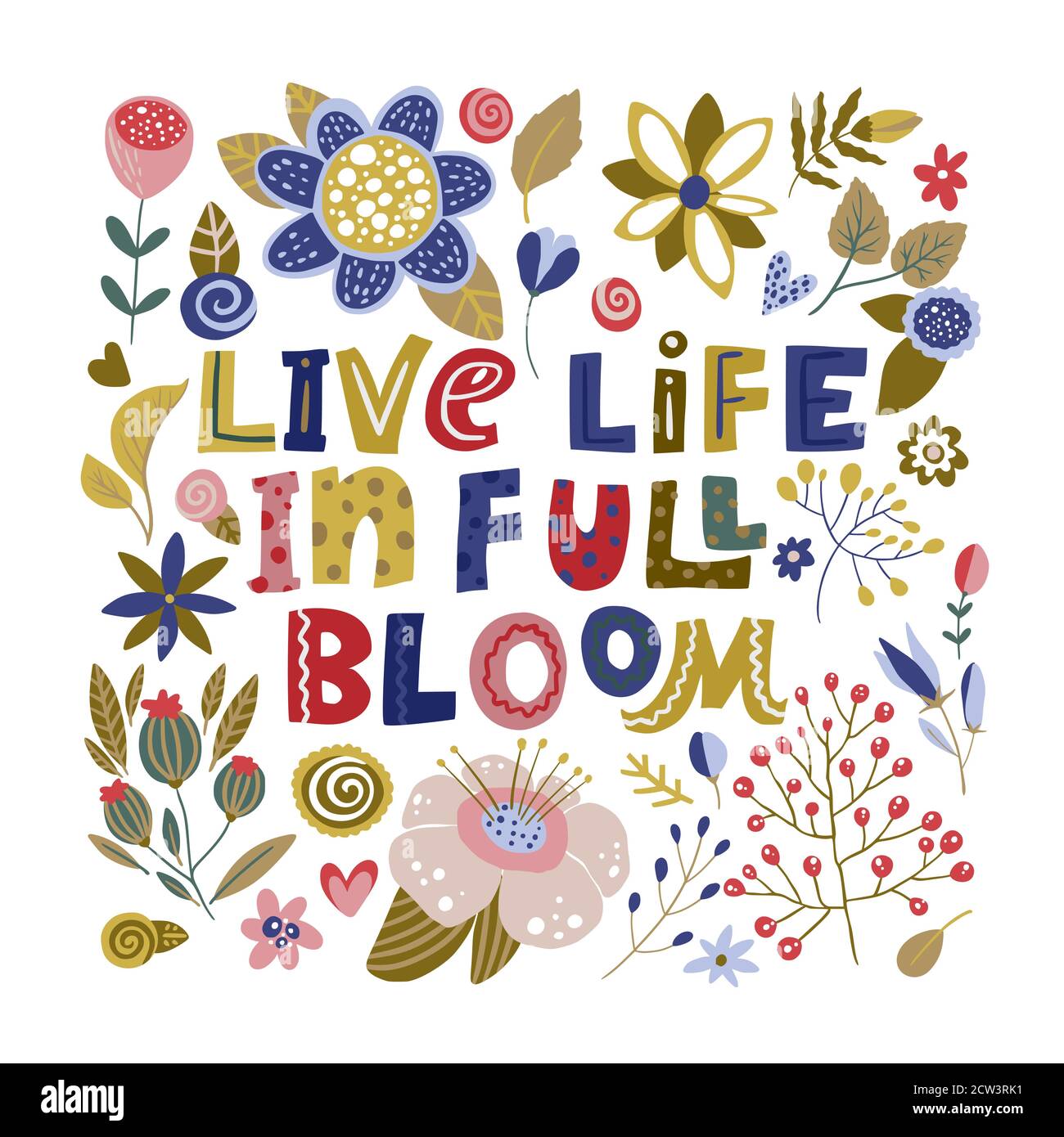 Floral color vector lettering card in a flat style. Ornate flower ...