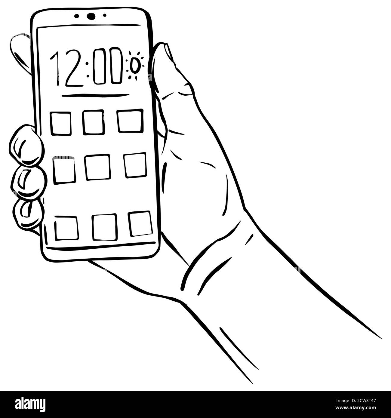Hand holding smartphone black line sketch illustration. Vector drawn ...