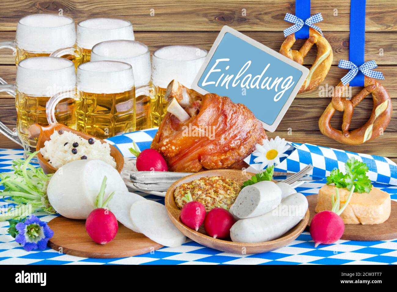 German Invitation Label and Bavarian Party Food and Beer Stock Photo ...