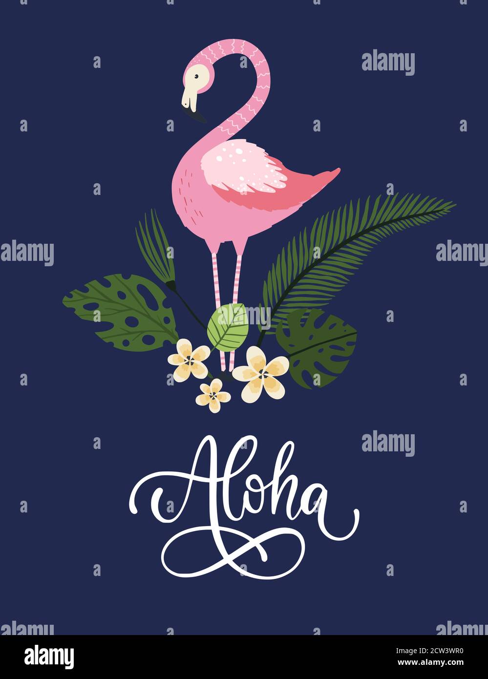 Aloha. Pink flamingo bird vector card. Tropical cute summer poster with ...
