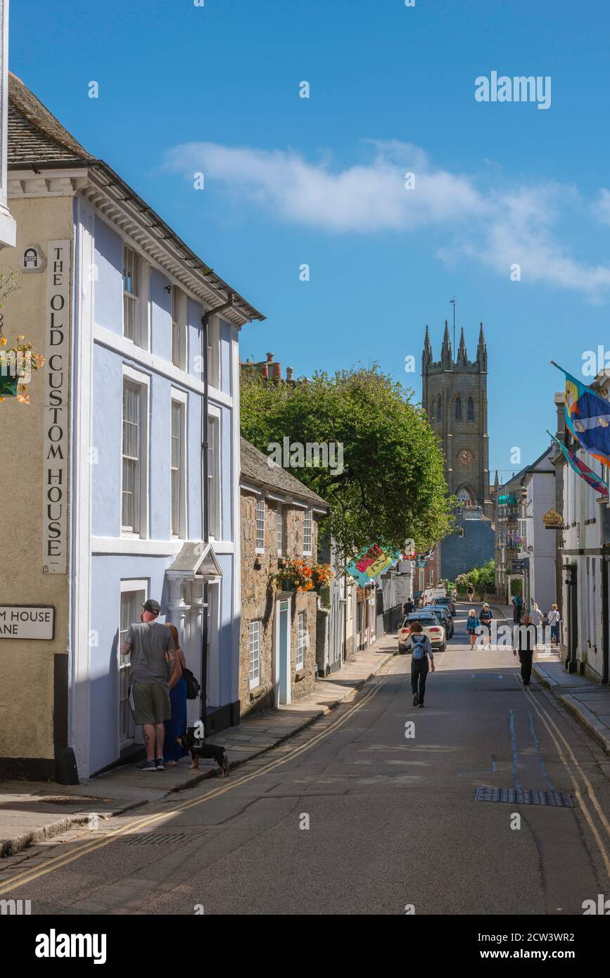 Penzance town, view in summer of people strolling along Chapel Street ...