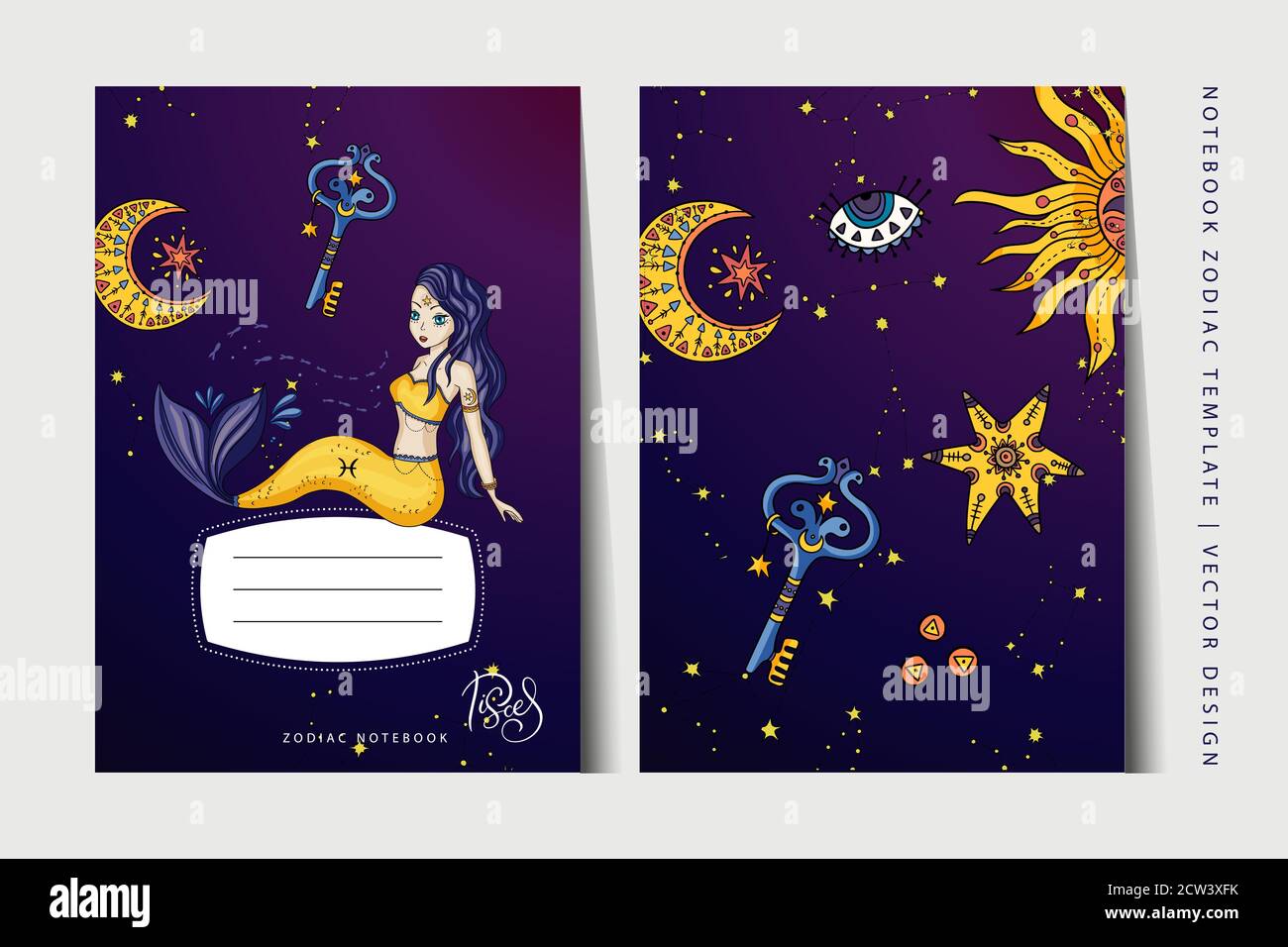 Zodiac Pisces girl notebook vector template. Book layout for a3, a4, a5 ...