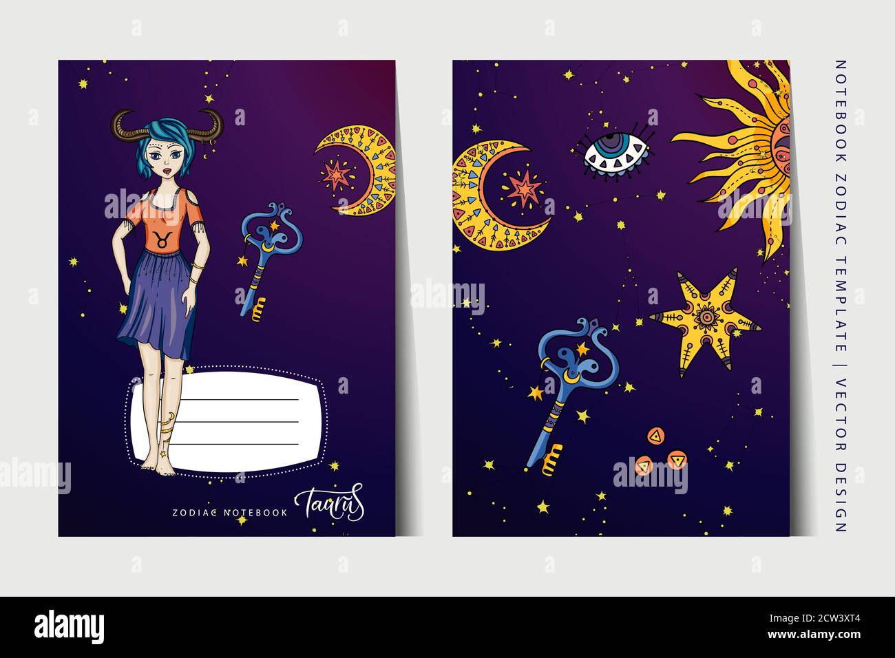 Zodiac Taurus girl notebook vector template. Book layout for a3, a4, a5 ...