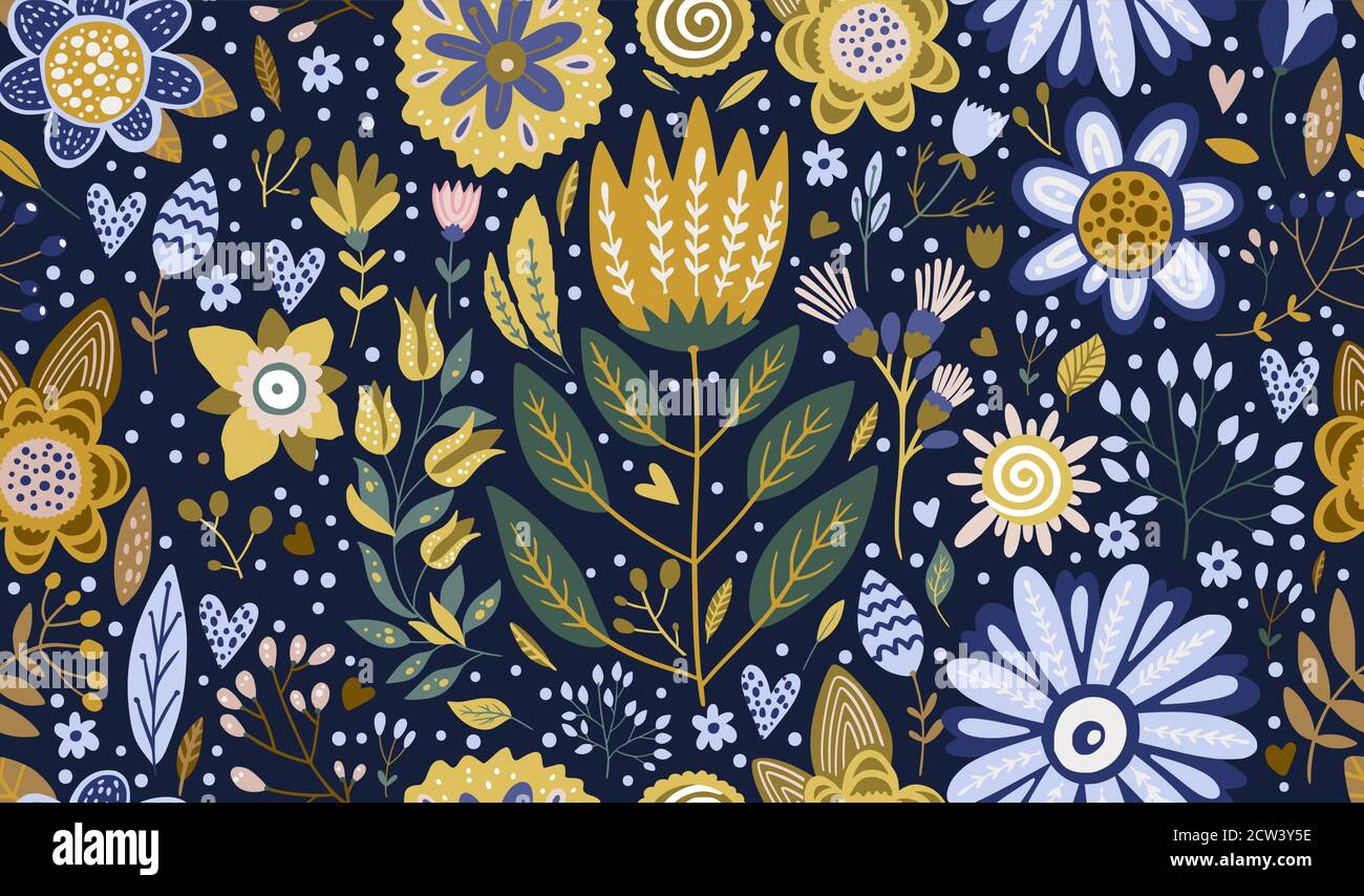 Floral ornate seamless cartoon pattern. Summer vector vintage ...