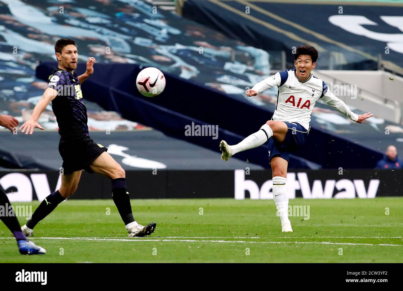 Tottenham Hotspur's Son Heung-min sees his shot hit the post during the ...