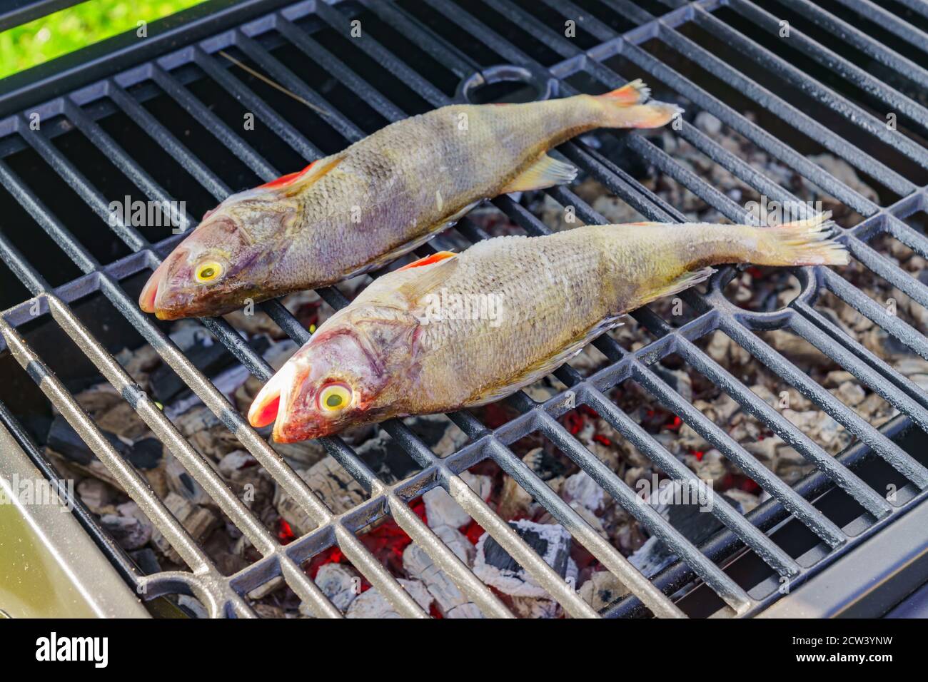 Grilled fresh fish. Cooking BBQ seafood on fire outdoors Stock Photo ...