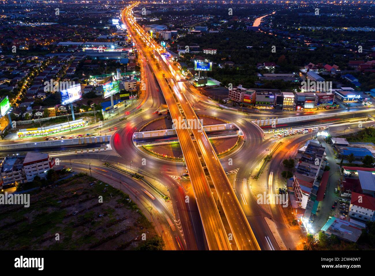 Aerial view of traffic in roundabout and highway at night Stock Photo ...