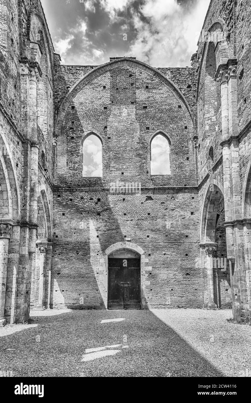 CHIUSDINO, ITALY - JUNE 22: Interior view of the iconic roofless Abbey ...