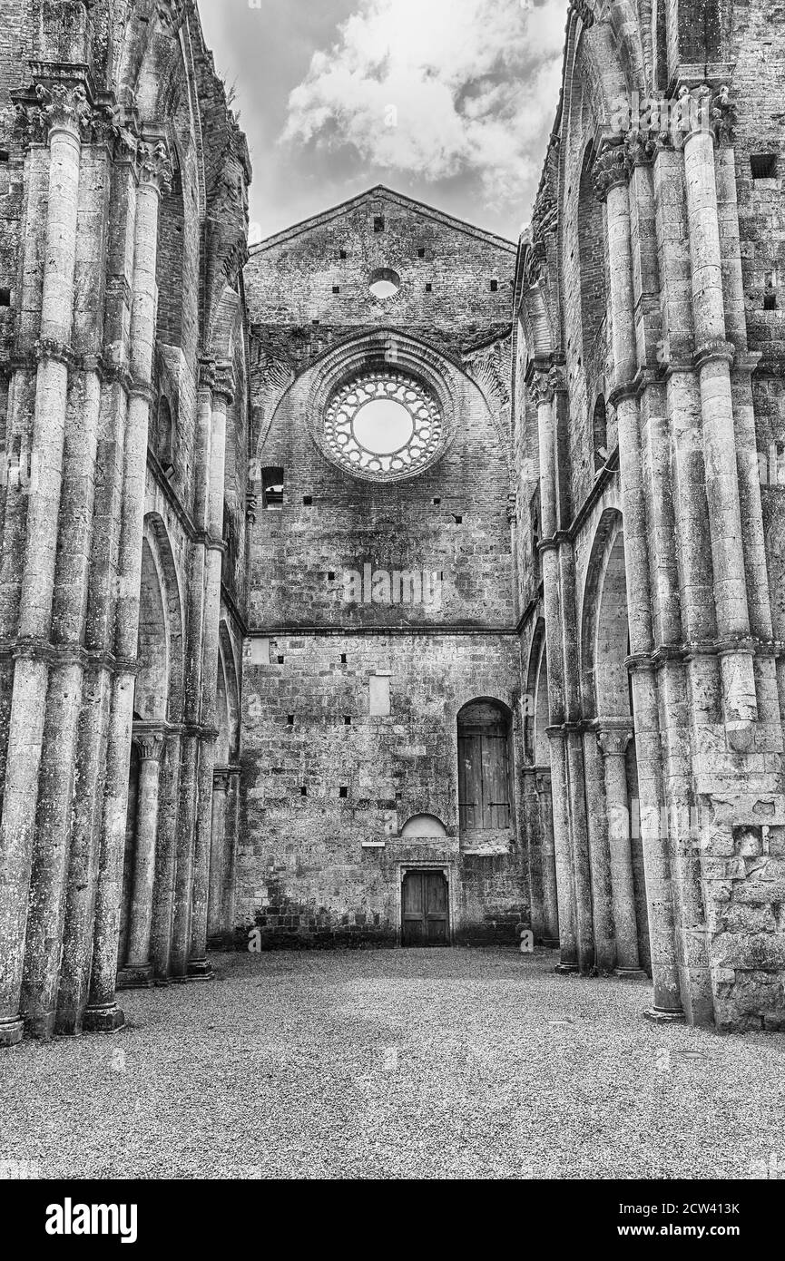 CHIUSDINO, ITALY - JUNE 22: Interior view of the iconic roofless Abbey ...