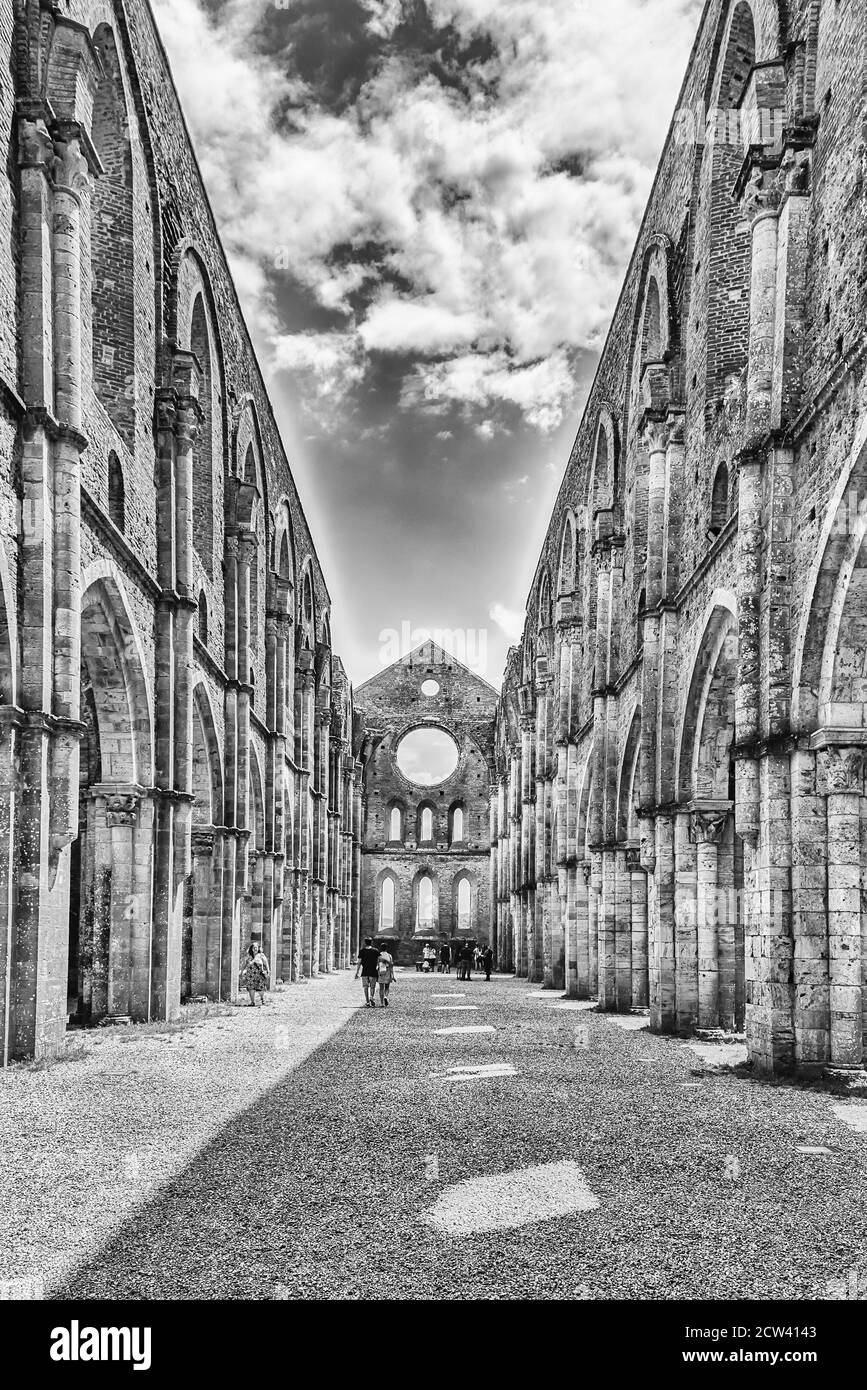CHIUSDINO, ITALY - JUNE 22: Interior view of the iconic roofless Abbey ...