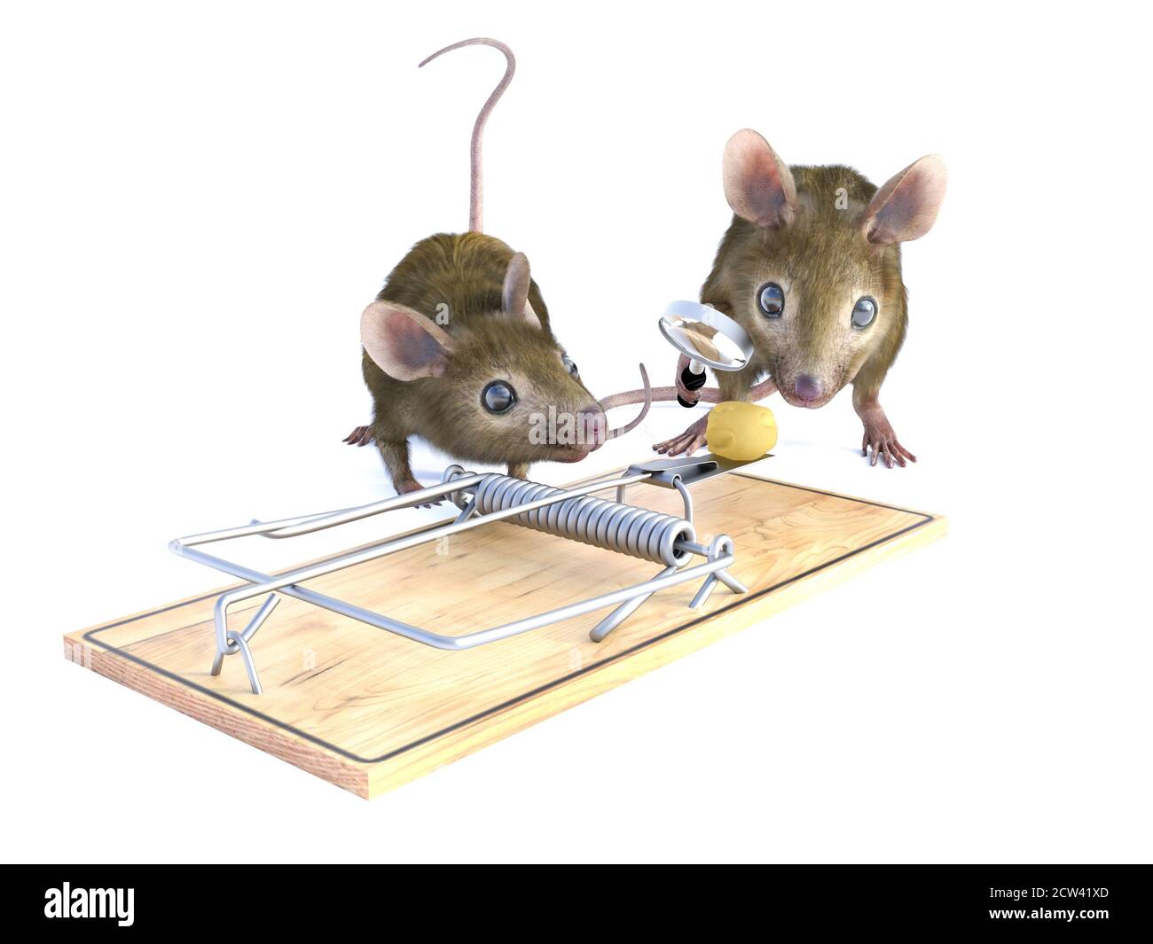3D rendering of two cute mice looking at a piece of cheese in a mouse ...