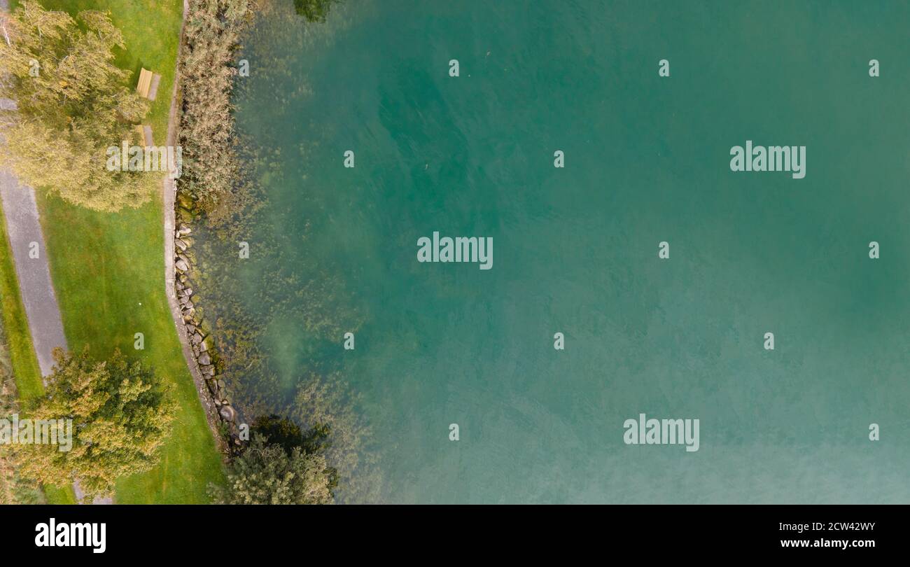 Drone shot over water. Background of lake. Birds view Stock Photo - Alamy