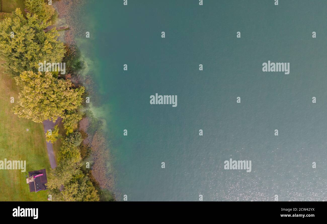 Drone shot over water. Background of lake. Birds view Stock Photo - Alamy