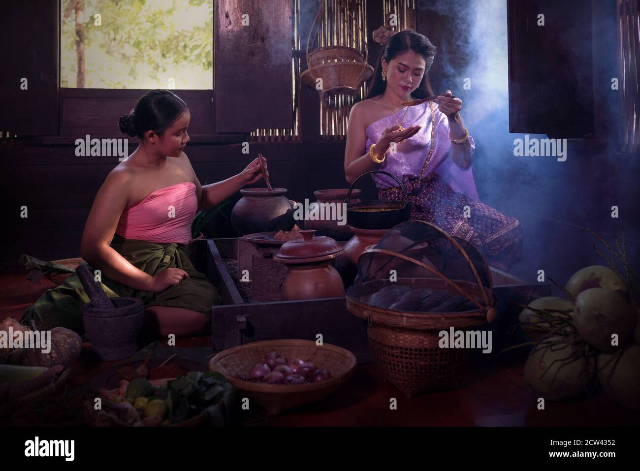 Asian woman wearing Thai dress costume traditional according culture ...