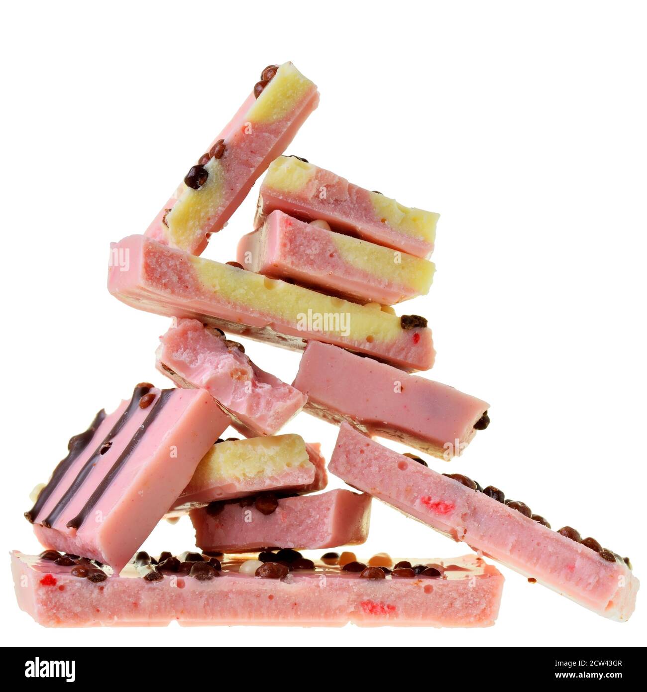 Pink chocolate with strawberries and popped rice isolated on a white ...