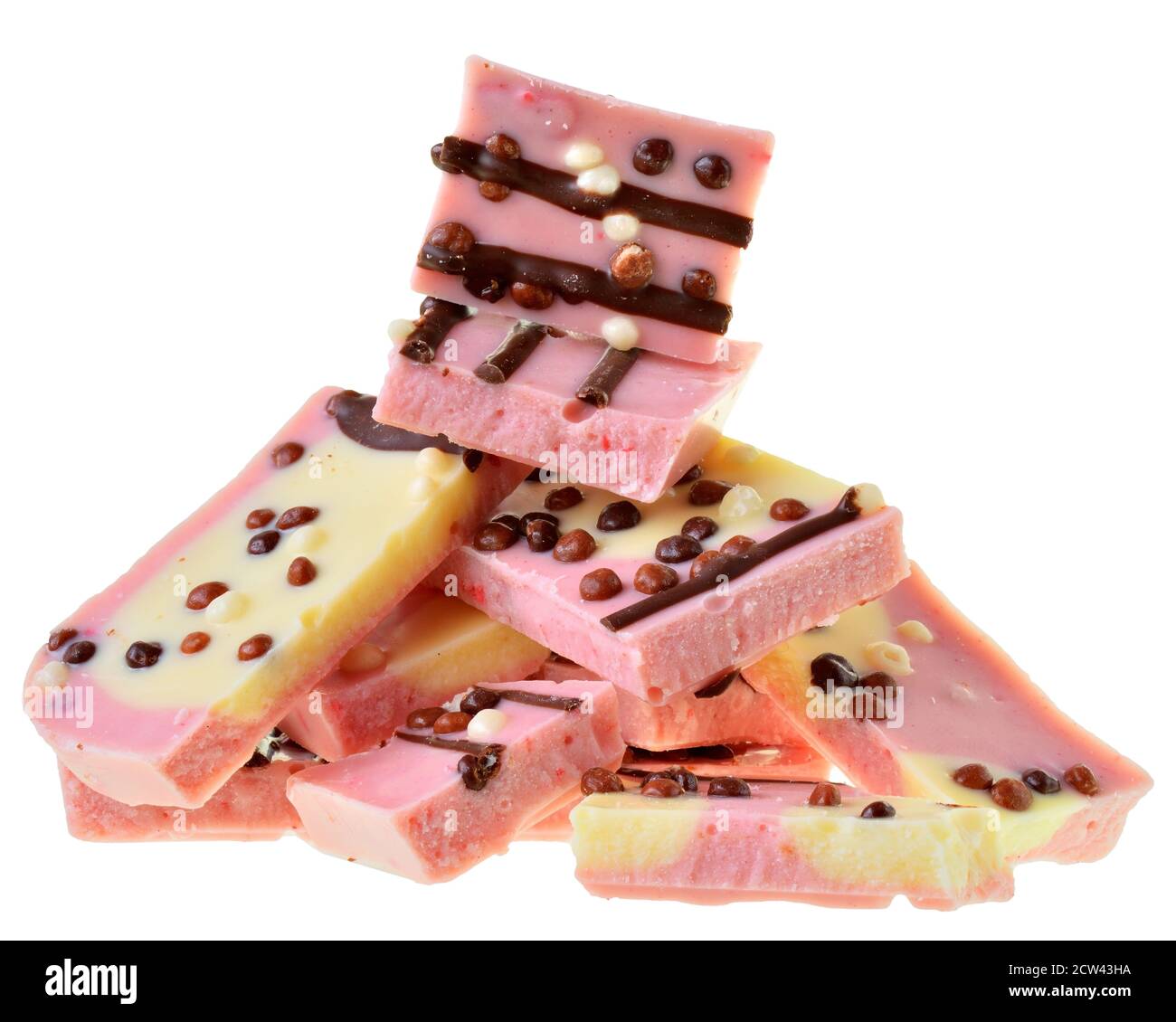 Pink chocolate with strawberries and popped rice isolated on a white ...