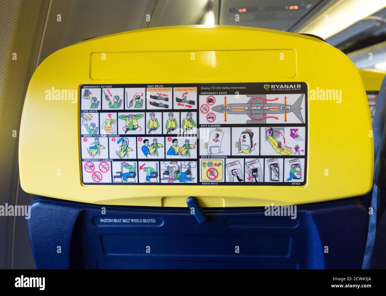Ryanair airline safety instructions on a Boeing 737-800 aircraft Stock ...