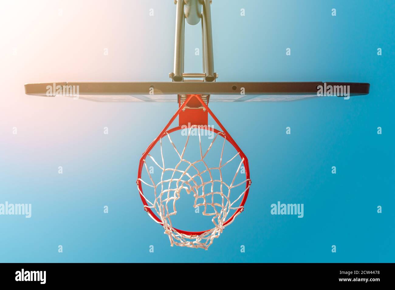 Bottom view of a basketball hoop for playing streetball on an outdoor ...