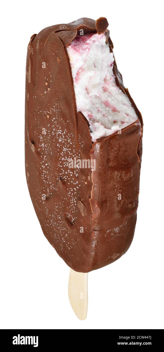 Bitten ice cream on a stick covered in dark chocolate glaze isolated ...