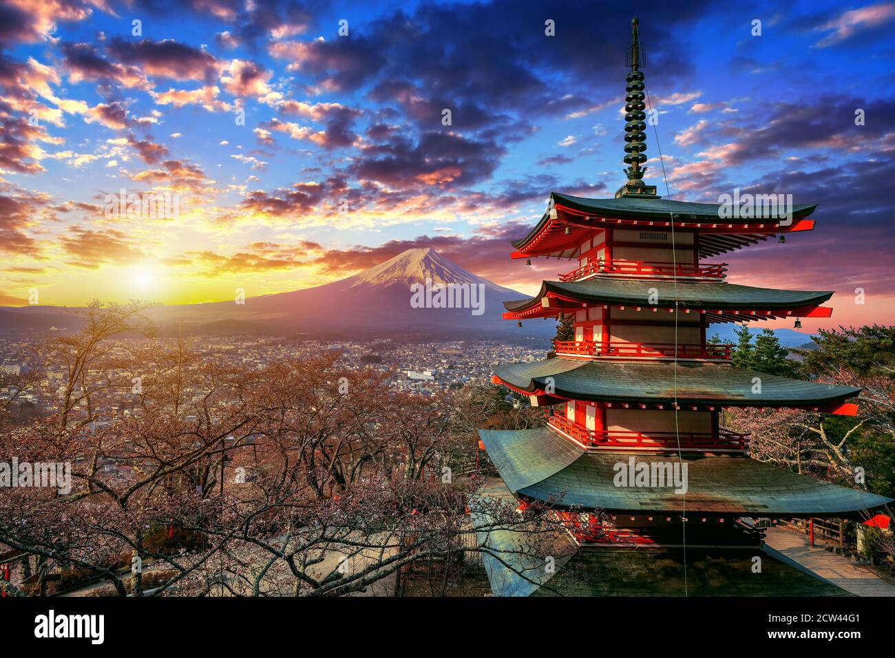 Chureito pagoda and Fuji mountain at sunset in Japan Stock Photo - Alamy
