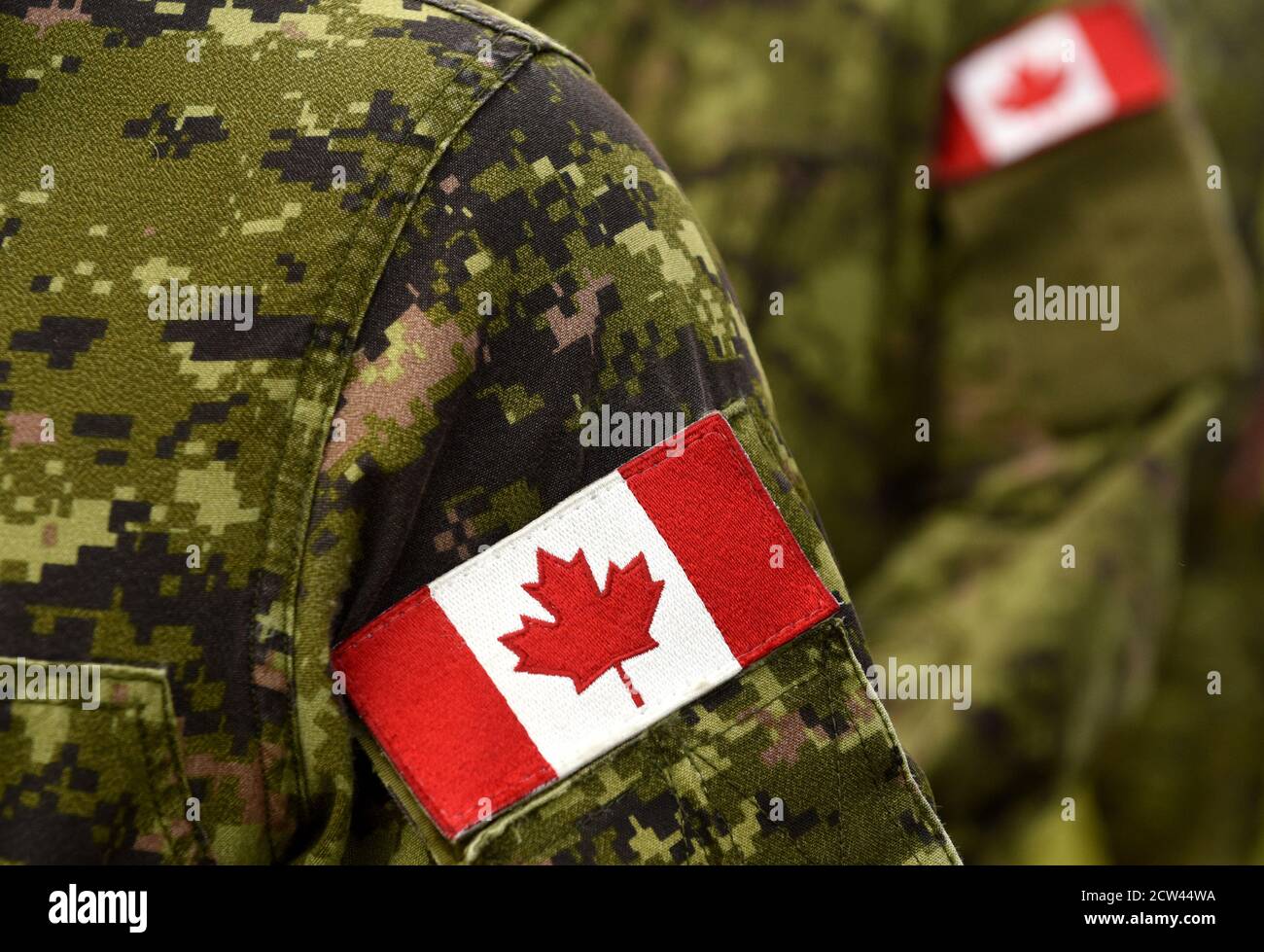 Canada Day. Flag of Canada on the military uniform and red Maple leaf ...