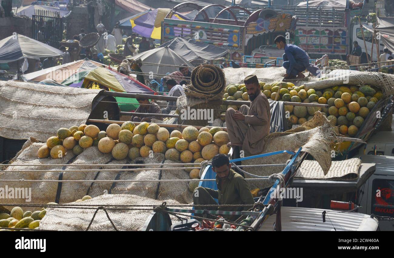 Lahore, Pakistan. 26th Sep, 2020. Pakistani farmers are busy unloading ...