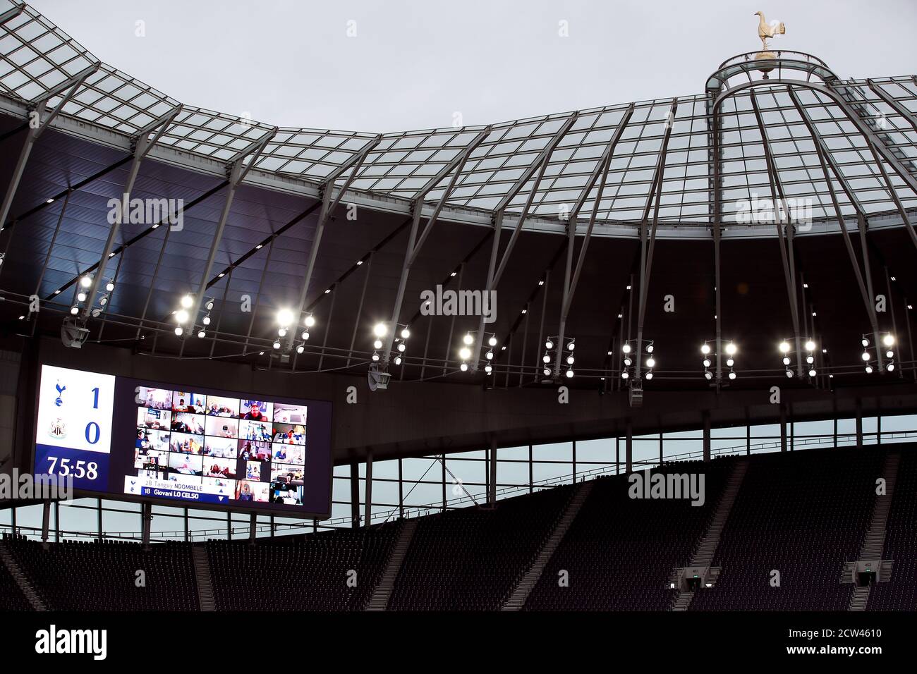 General view of the big screen featuring fans live on video during the ...