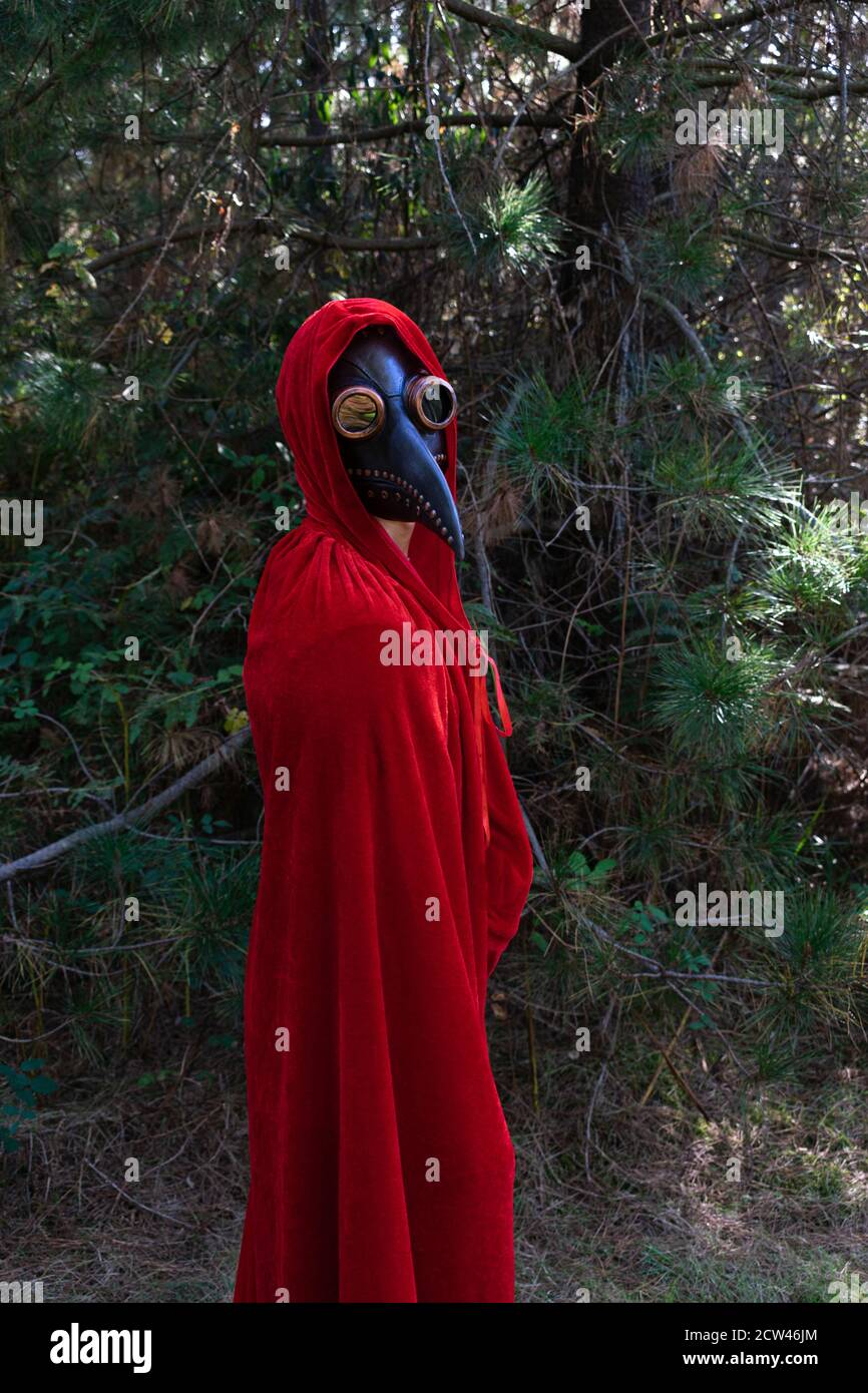 Vertical shot of a person in a red cloak, hood, and plague doctor mask ...