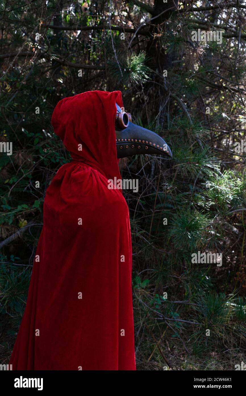 Vertical shot of a person in a red cloak, hood, and plague doctor mask ...