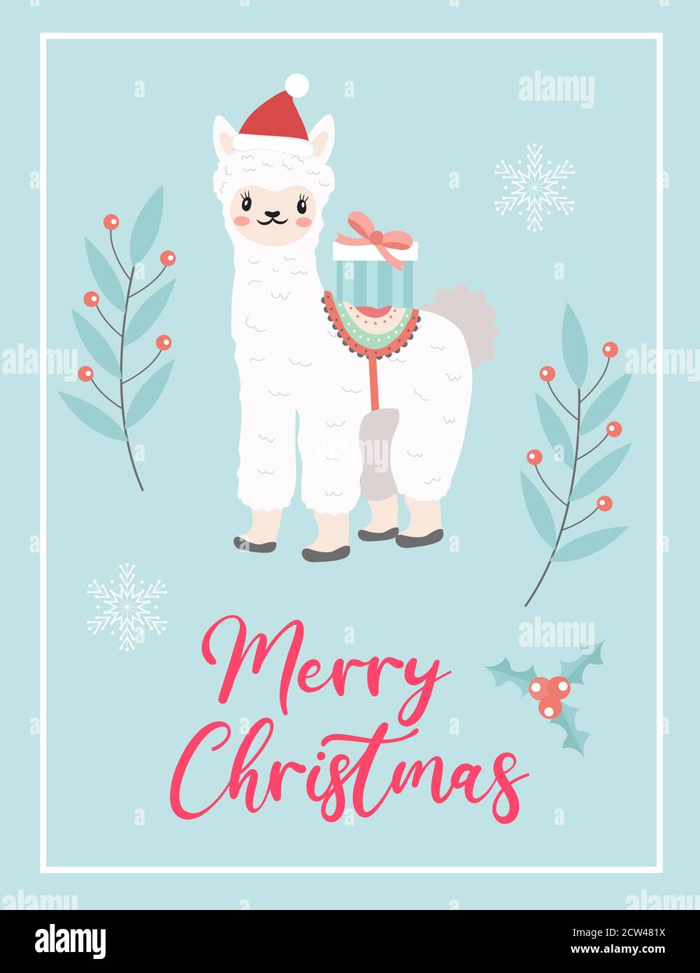 Merry christmas cute card with llama alpaca in santa hat. Winter ...