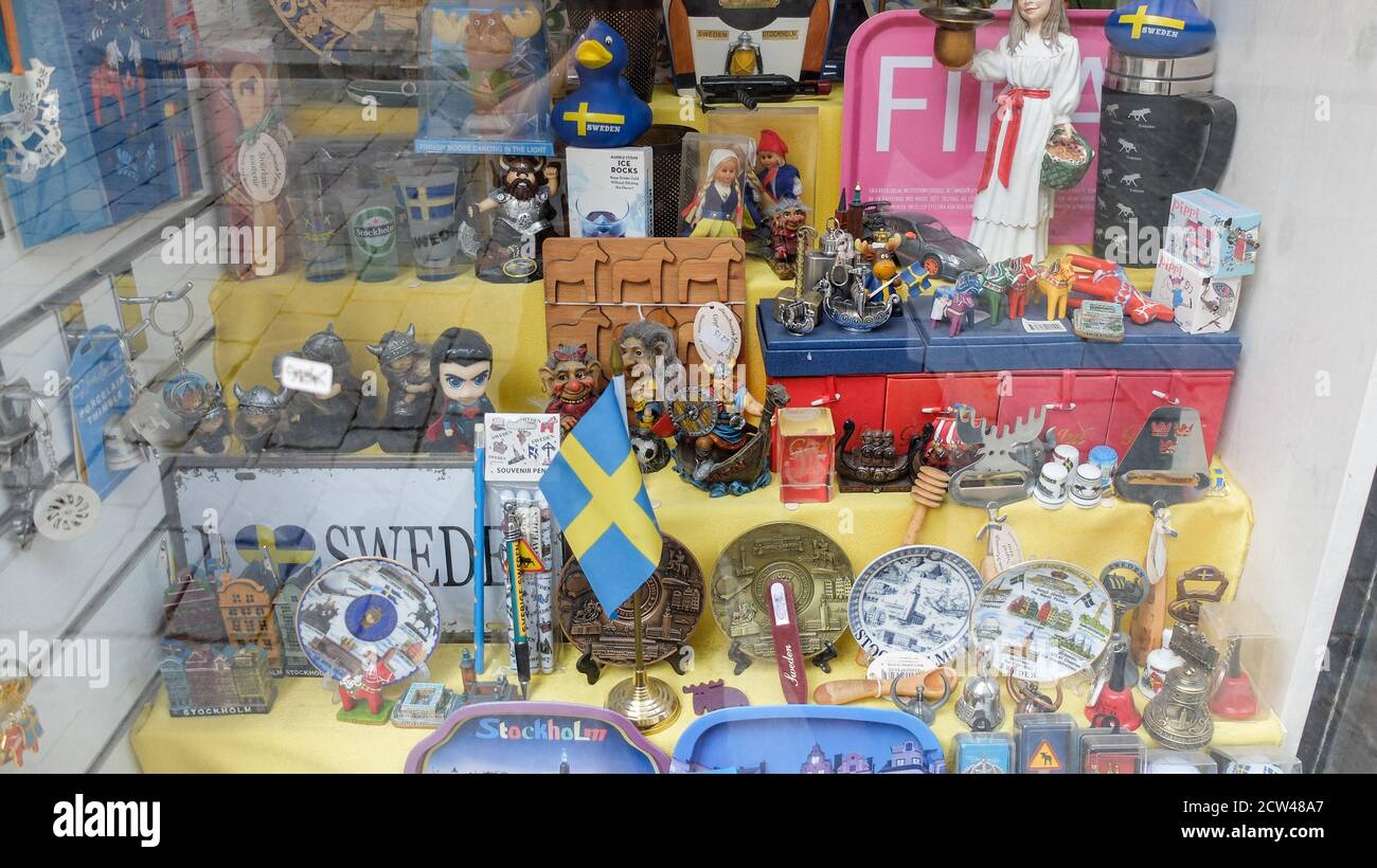 Stockholm’s souvenir shops with t-shirt, tomte, moose, viking helmet ...