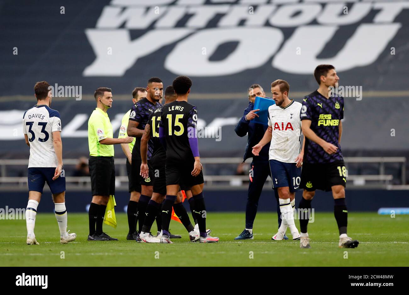 Tottenham Hotspur's Harry Kane approaches referee Peter Bankes after ...