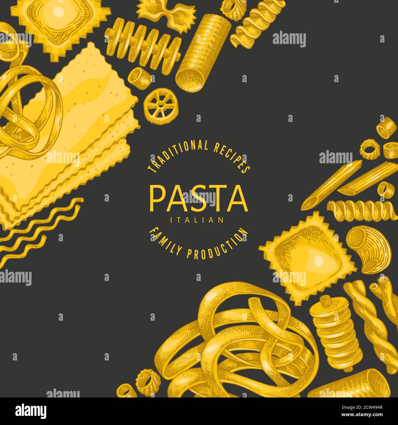 Italian pasta design template. Hand drawn vector food illustration on ...