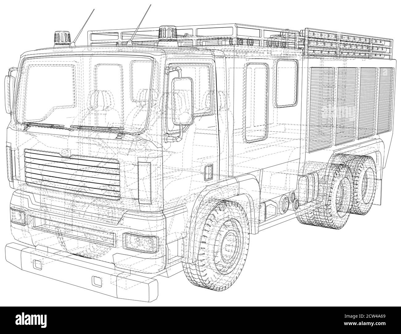 Vector Wire-frame Fire truck. The layers of visible and invisible lines ...