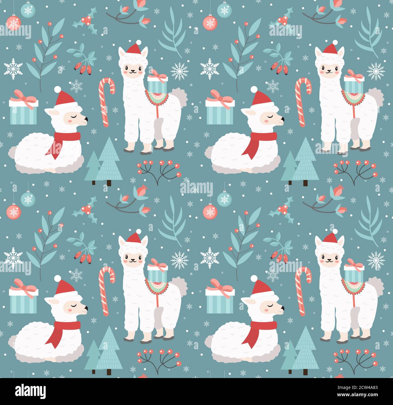 Merry christmas seamless pattern. Cute llama in winter forest repeating ...