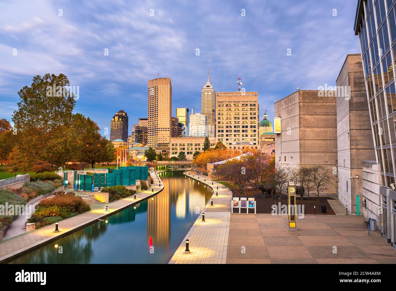 Indianapolis, Indiana, USA skyline and canal at dusk in autumn Stock ...