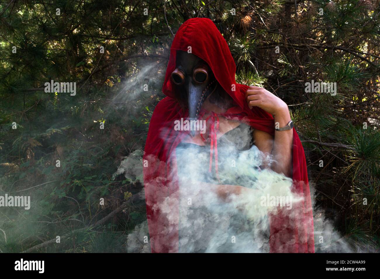 Female in a red cloak, hood, and plague doctor mask Stock Photo - Alamy